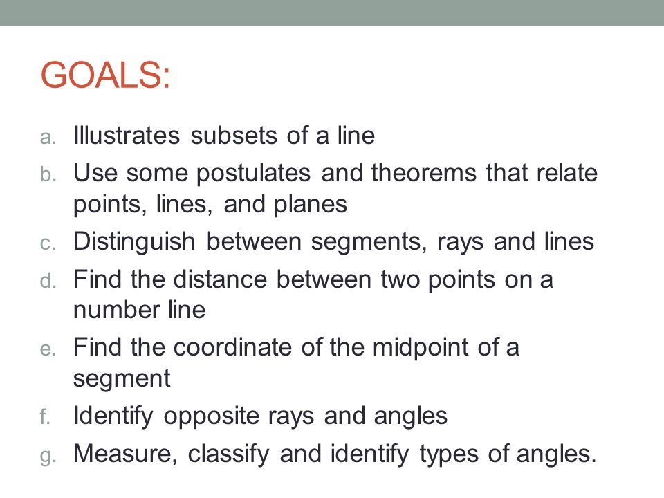 Subsets Of A Line And Angles. Goals: A. Illustrates Subsets Of A Line B