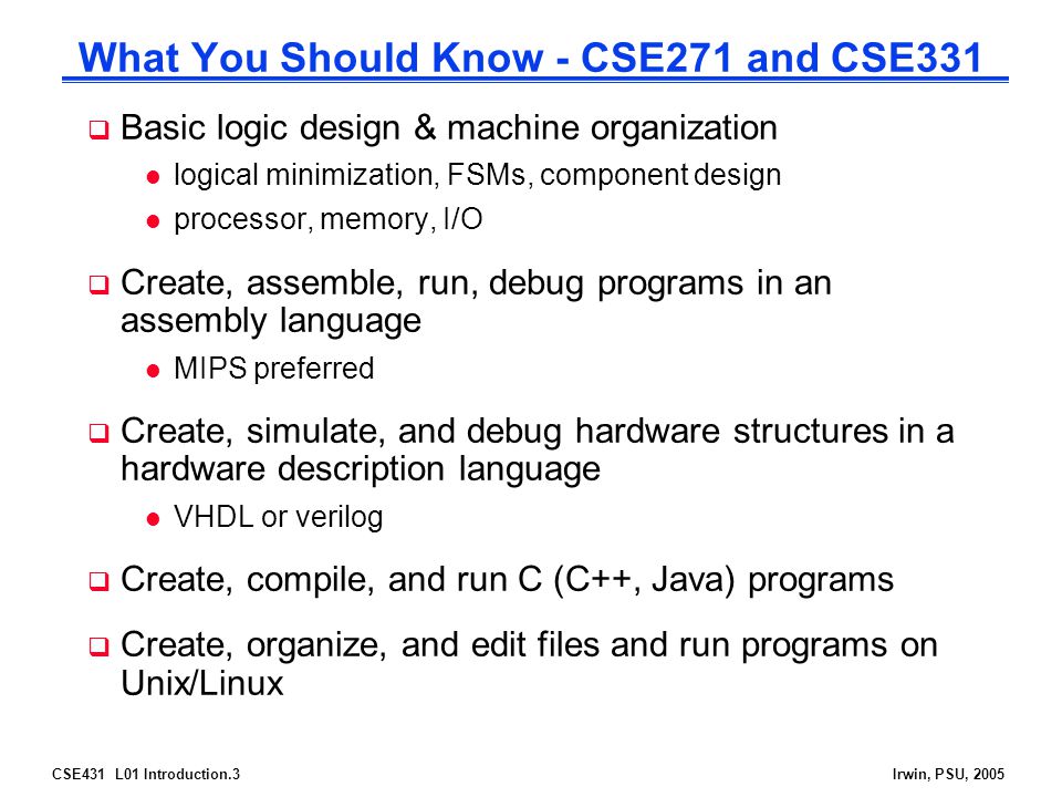 Cse431 L01 Introduction 1irwin Psu 2005 Cse 431 Computer Architecture Fall 2005 Lecture 01