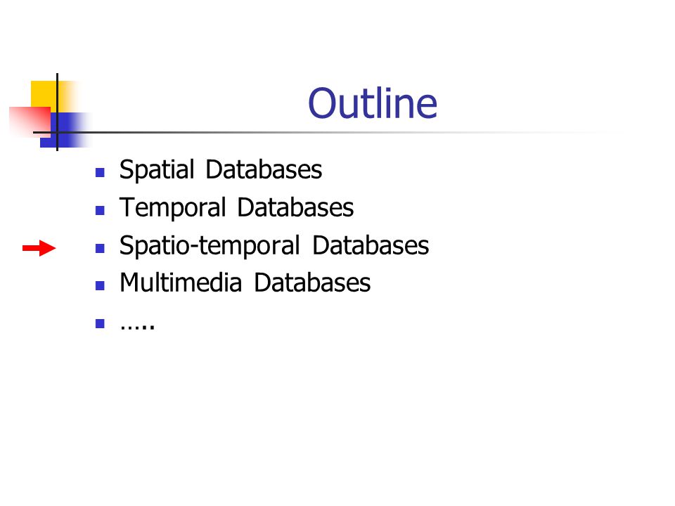 Spatio Temporal Databases Outline Spatial Databases Temporal Databases