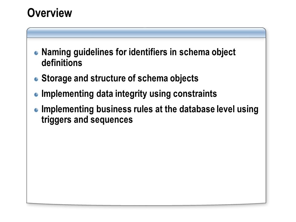 Module 9 Managing Schema Objects Overview Naming Guidelines For
